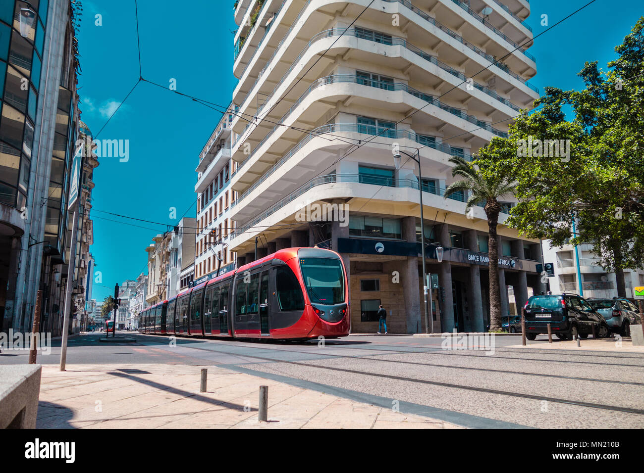 Casablanca, Morocco - 04 Mai 2018 : a tram passing in old medina in the ...