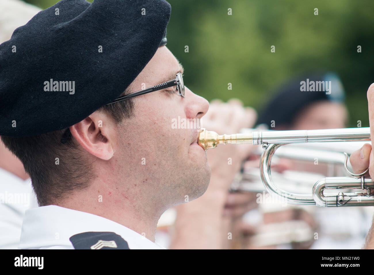 Sgt. Ben Warmuth plays trumpet during a concert August 12, 2017 in ...