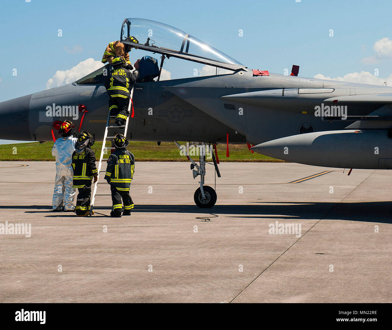 U.S. Air Force 18th Civil Engineer Squadron firefighters conduct fire ...