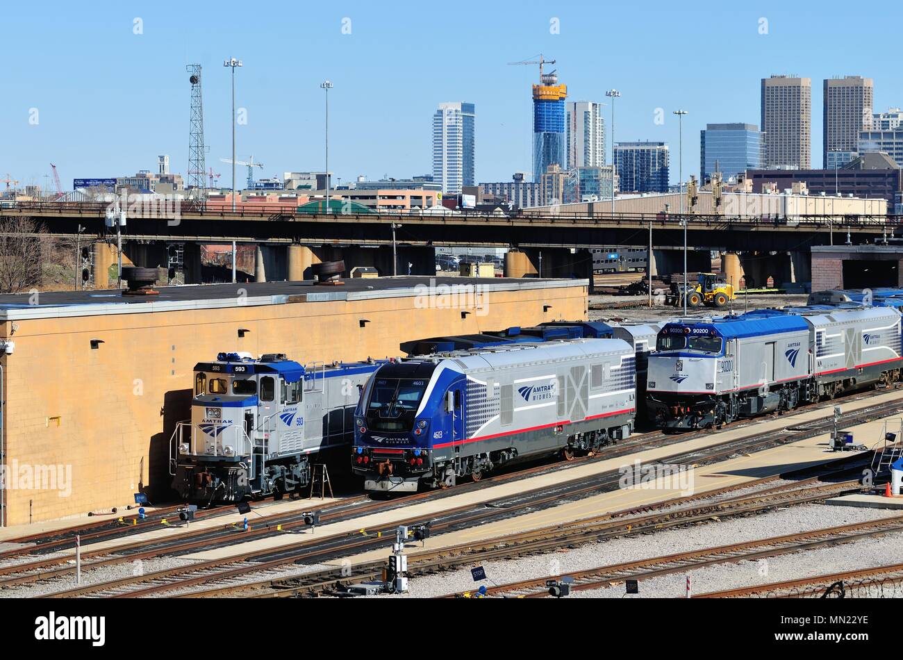 Chicago, Illinois, USA. An Amtr locomotive facility just south of the ...