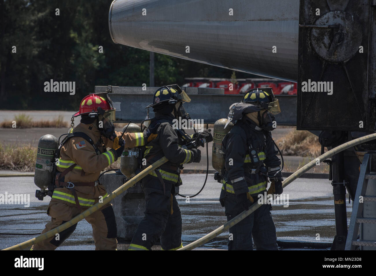U.S. Air Force 18th Civil Engineer Squadron firefighters conduct annual ...
