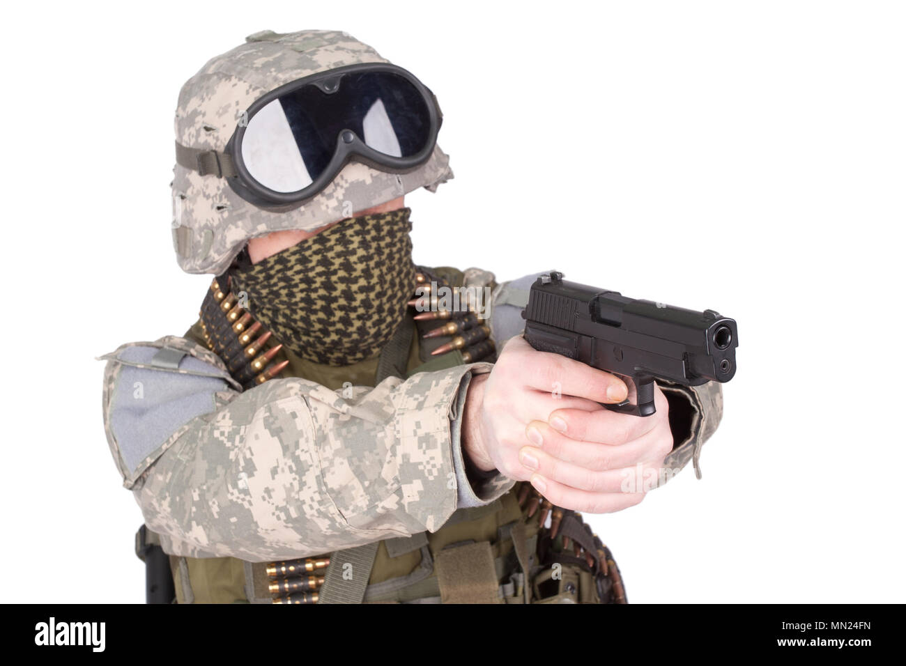 US soldier with hand gun on white background Stock Photo - Alamy