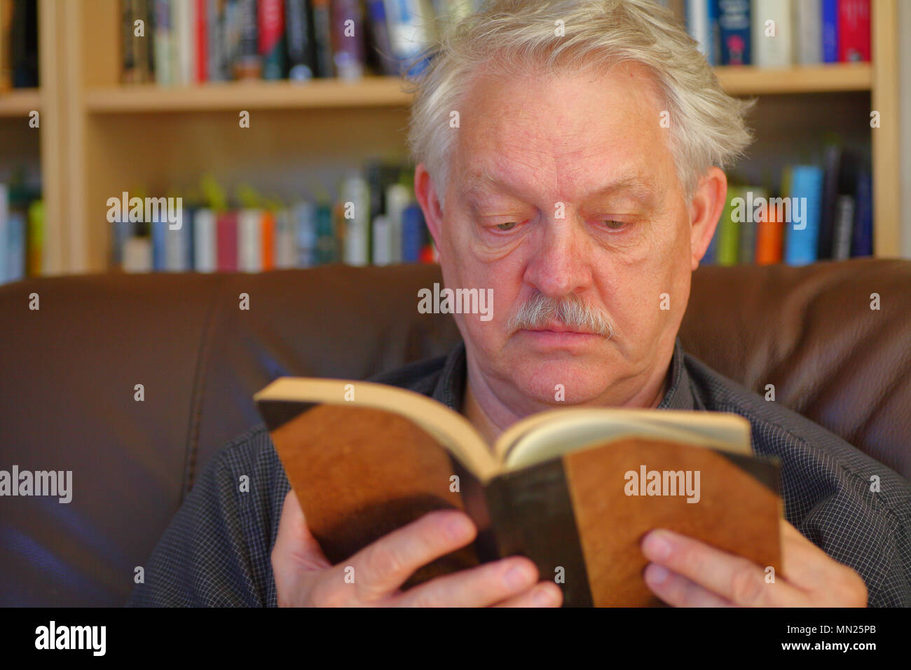 Mature man on a sofa in front of a bookcase with many books Stock Photo ...