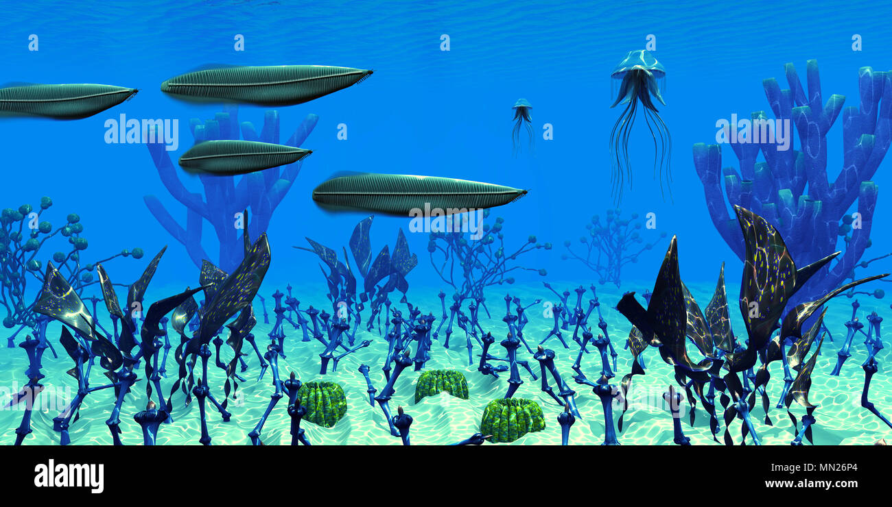 Cambrian Seas - Four Pikaia predatory arthropods search for prey in the ...