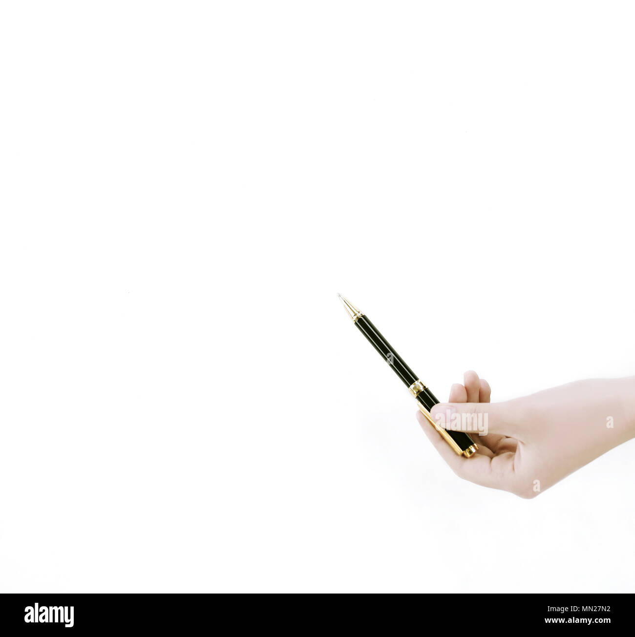 hand of business woman pointing with pen at a point on the blank screen ...