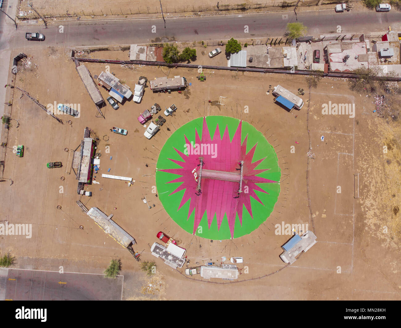 Aerial view of the Atayde circus tent in the Lanix soccer fields in ...