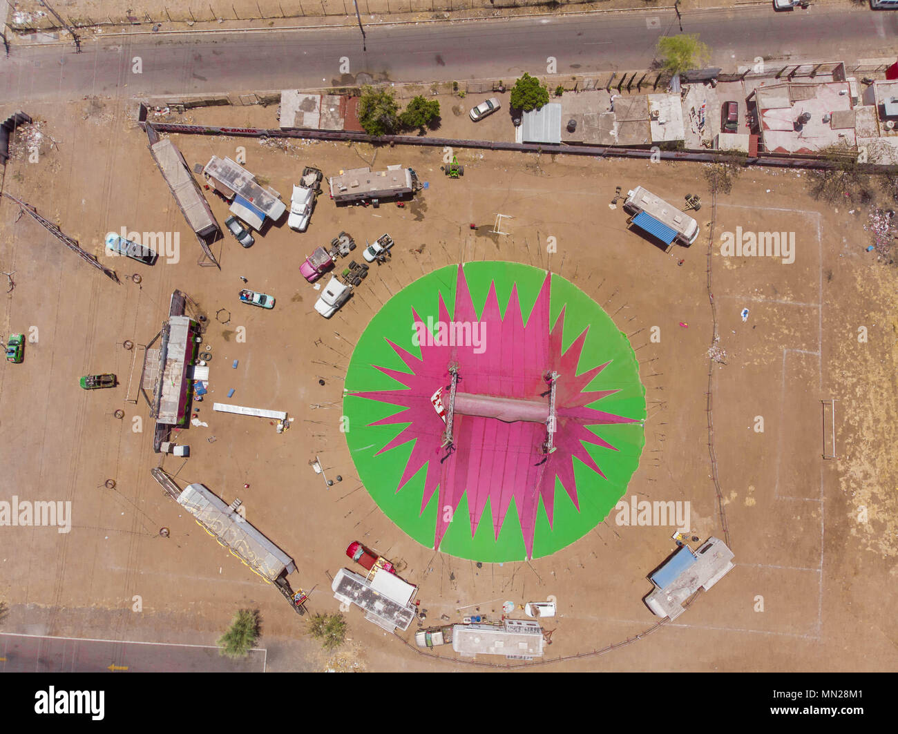 Aerial view of the Atayde circus tent in the Lanix soccer fields in ...
