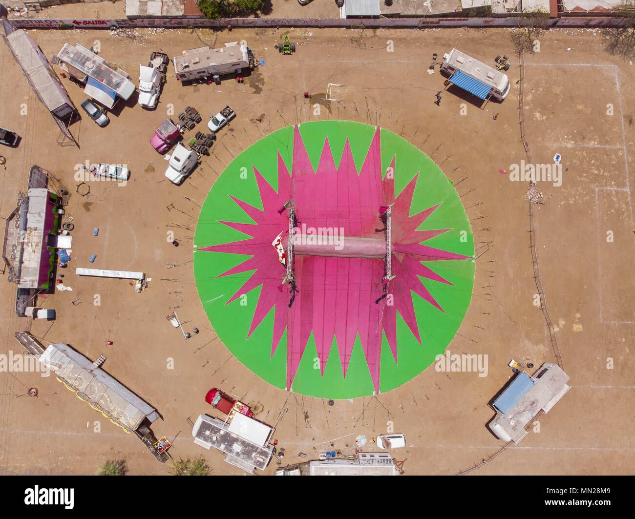 Aerial view of the Atayde circus tent in the Lanix soccer fields in ...