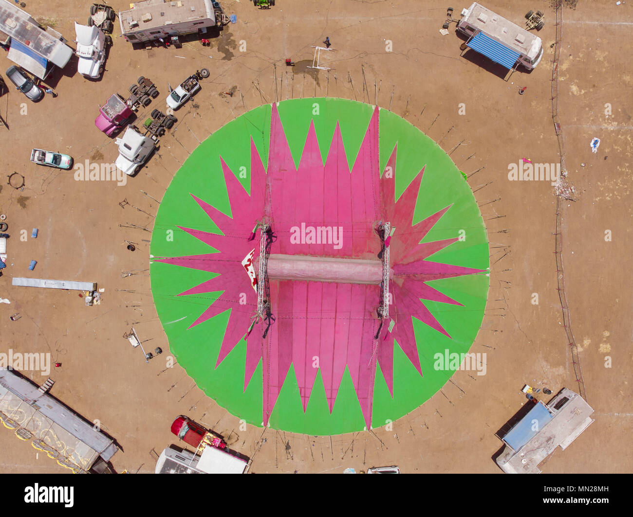 Aerial view of the Atayde circus tent in the Lanix soccer fields in ...