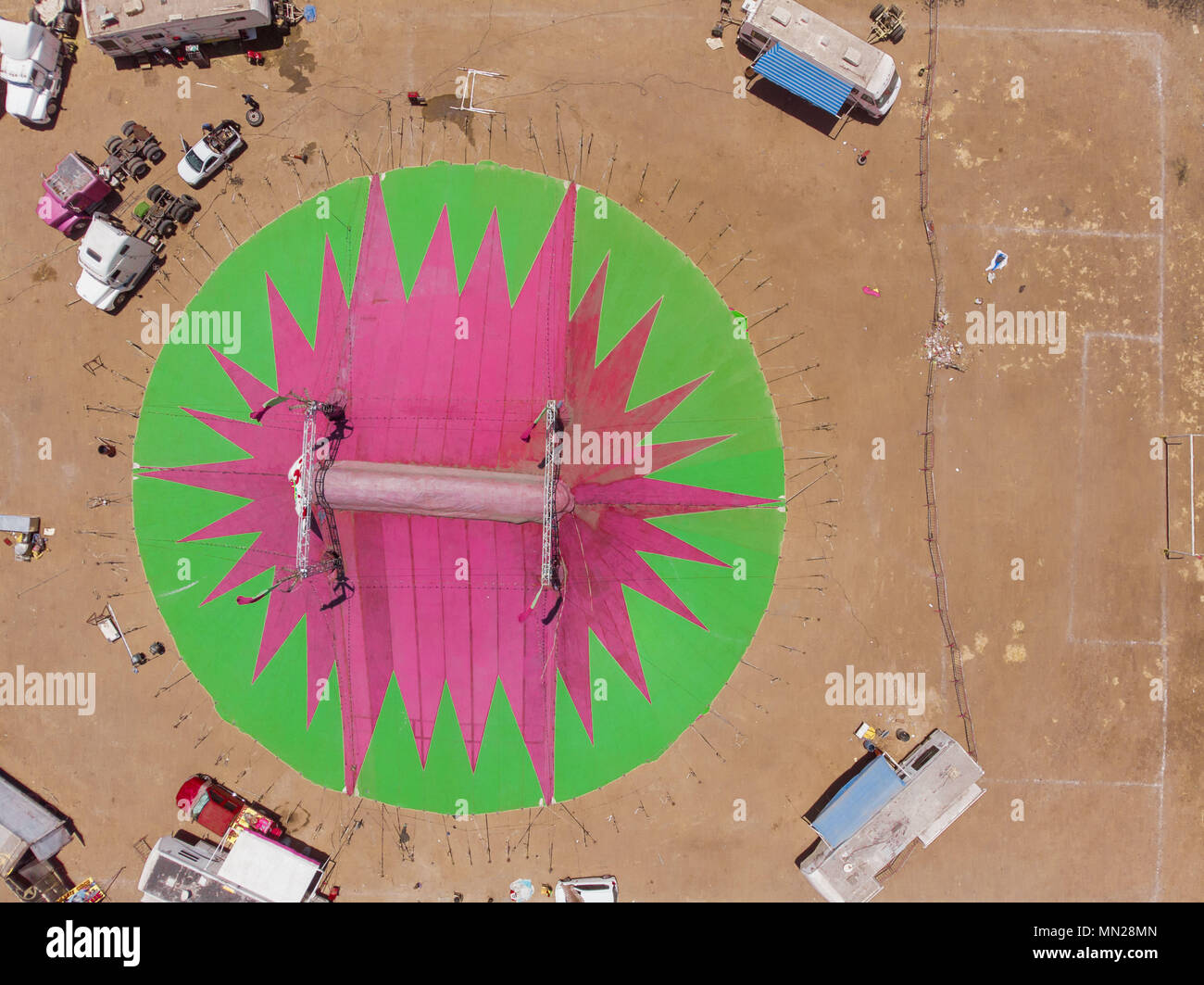 Aerial view of the Atayde circus tent in the Lanix soccer fields in ...