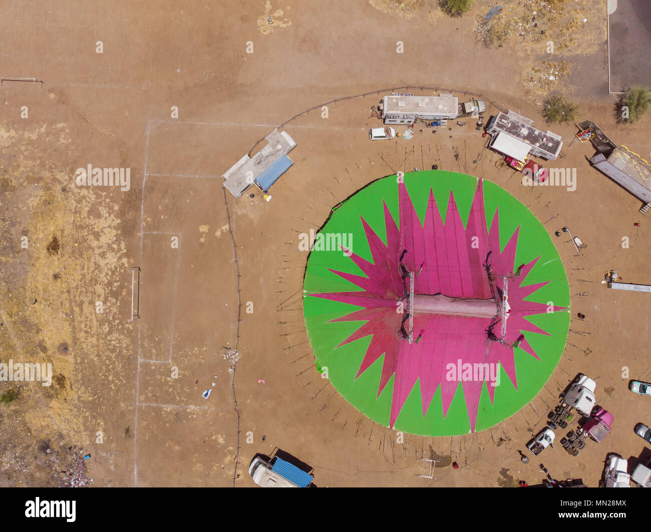 Aerial view of the Atayde circus tent in the Lanix soccer fields in ...