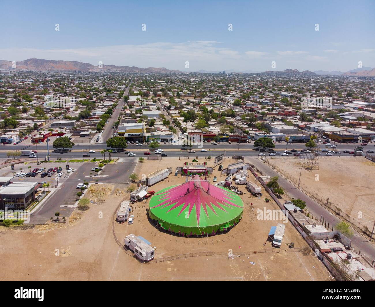 Aerial view of the Atayde circus tent in the Lanix soccer fields in ...