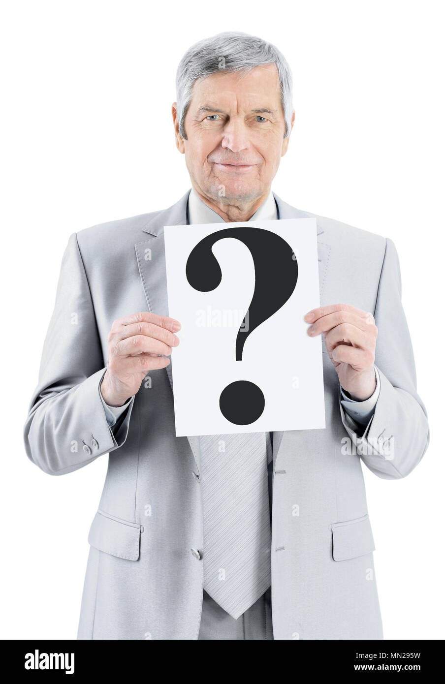 Nice businessman at the age, with a question mark. Isolated on a white ...