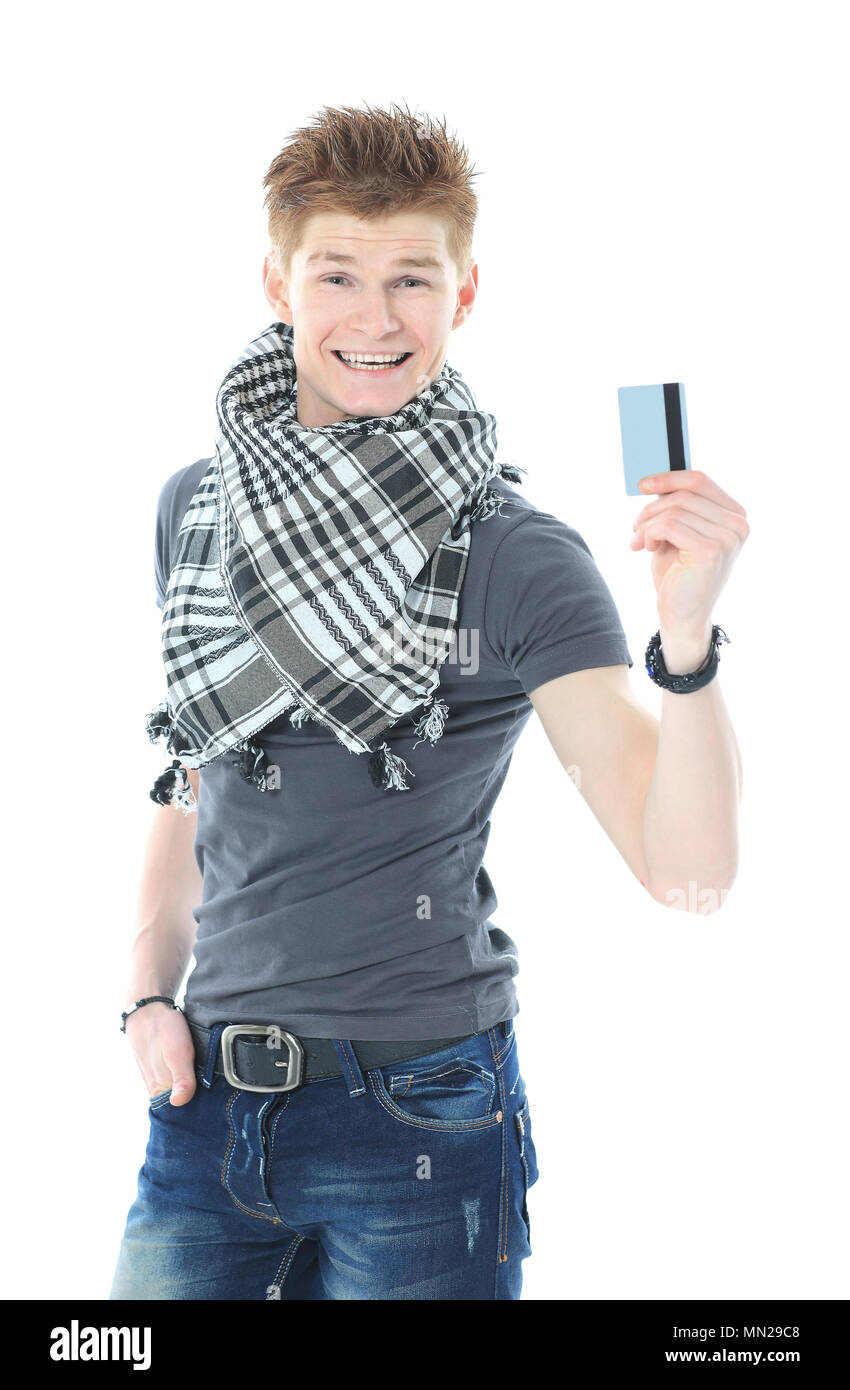portrait of man showing credit card isolated on white background Stock ...