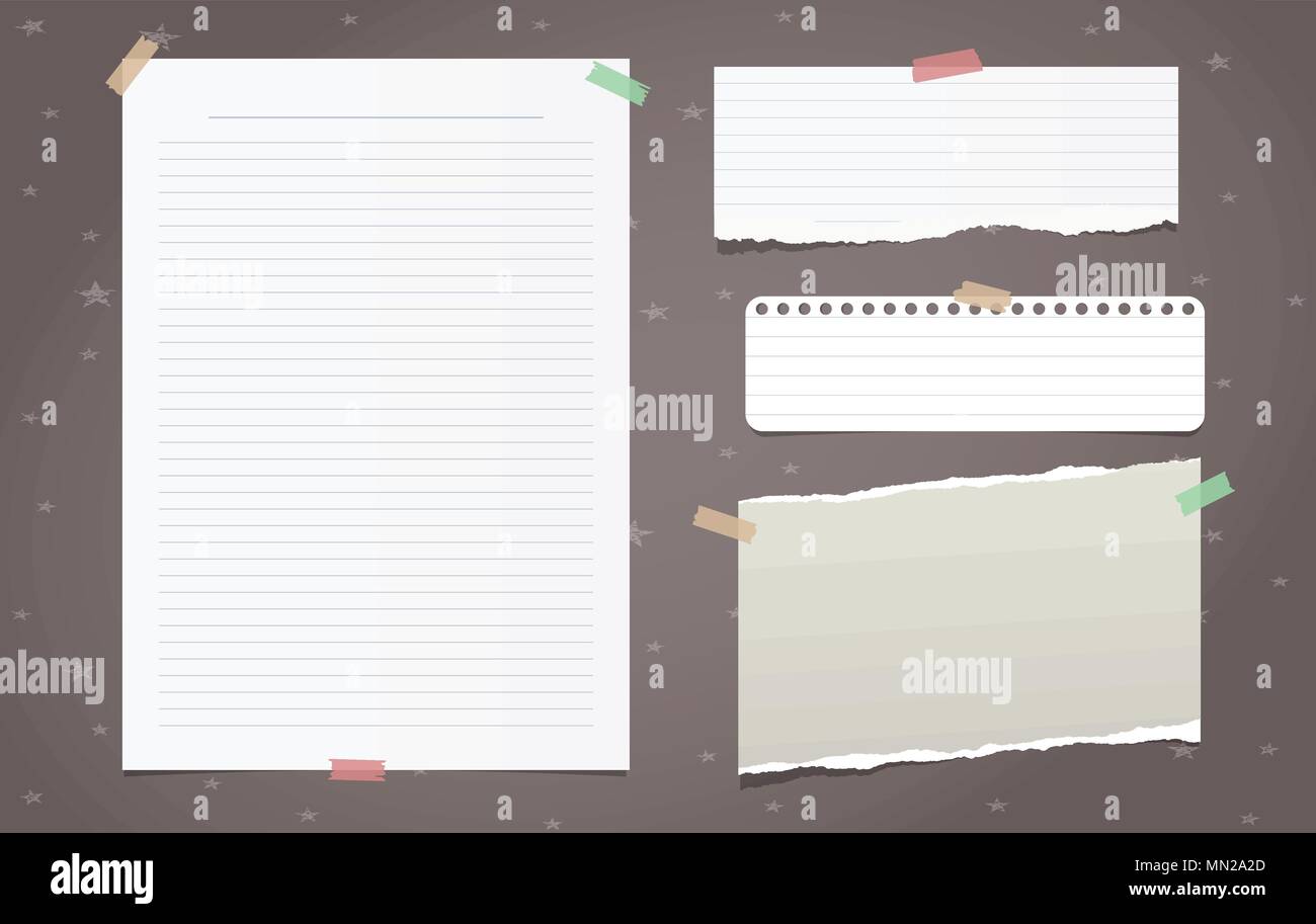 Torn white lined note paper pieces, notebook sheet for text stuck on ...