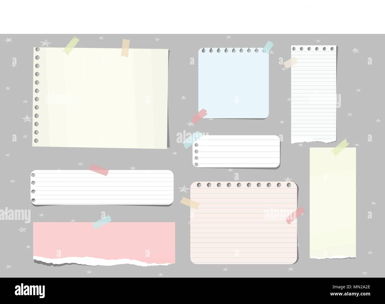 Colorful torn note paper pieces, notebook sheets for text stuck on grey ...