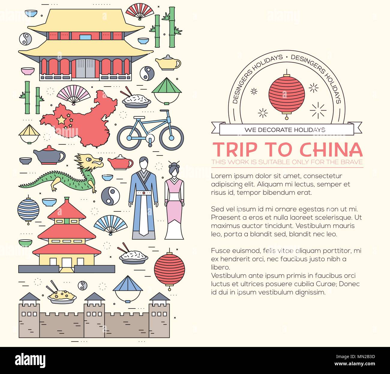 Country China travel vacation guide of goods, places in thin lines ...