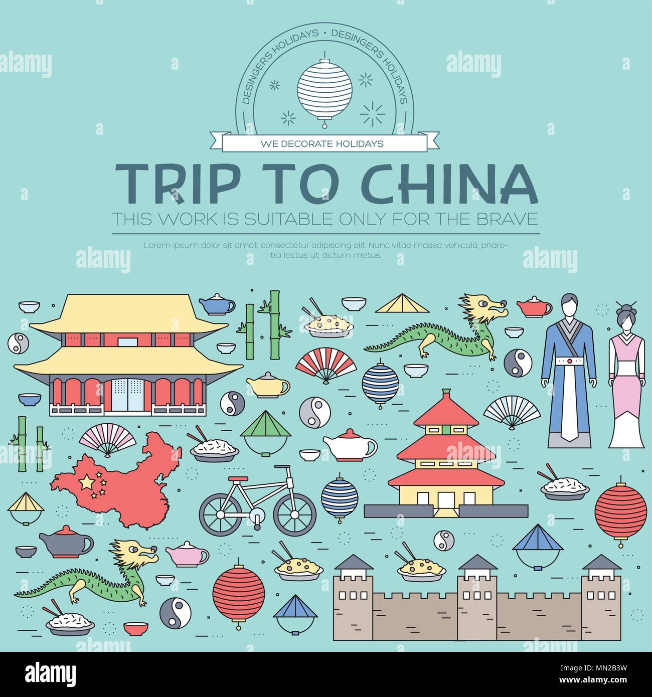 Country China travel vacation guide of goods, places in thin lines ...