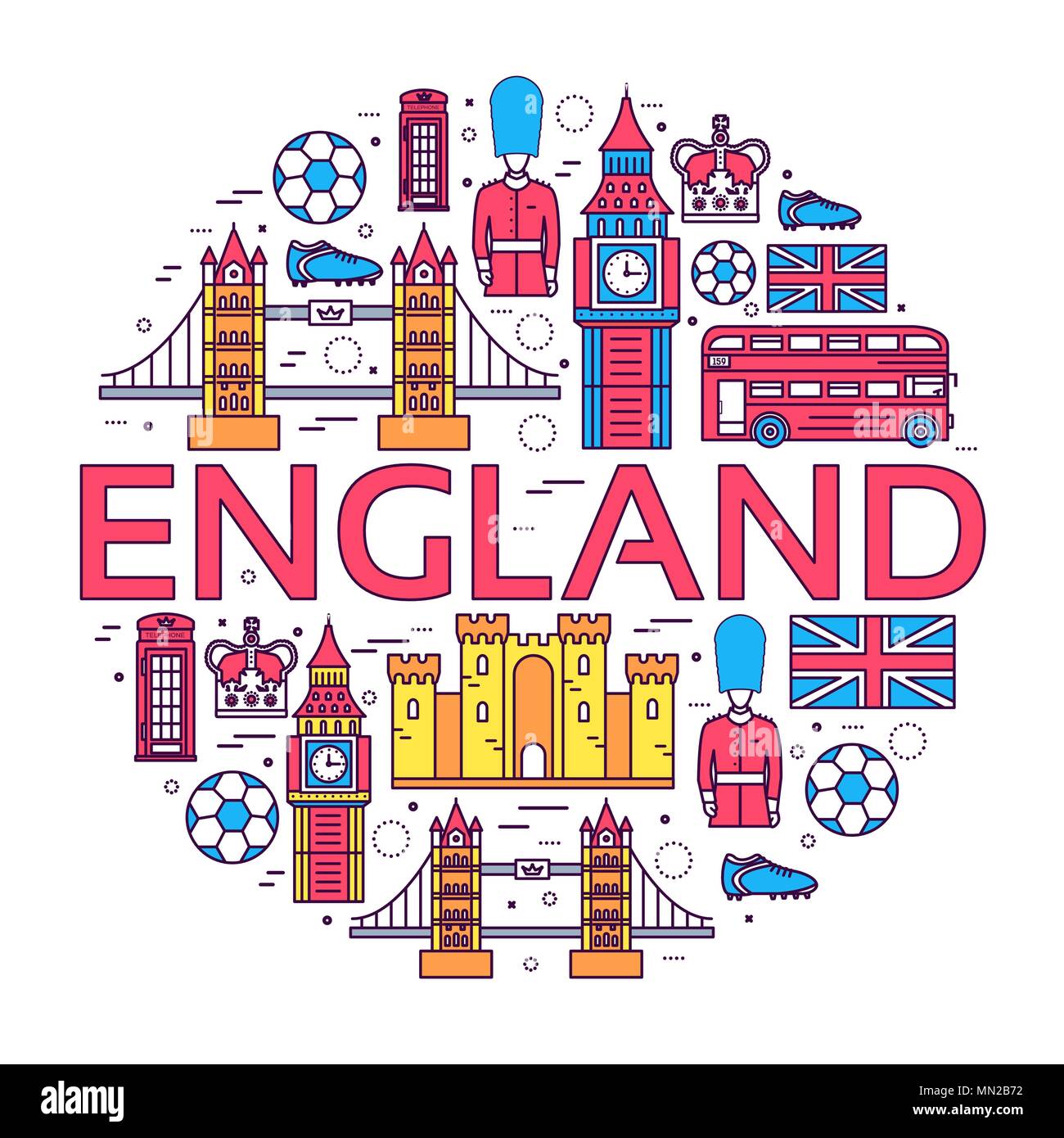 Country England travel vacation guide of goods, places in thin lines ...