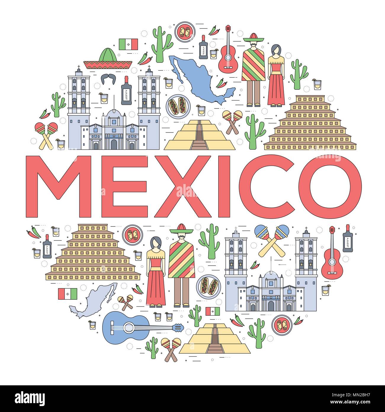 Country Mexico travel vacation guide of goods, places and features. Set ...