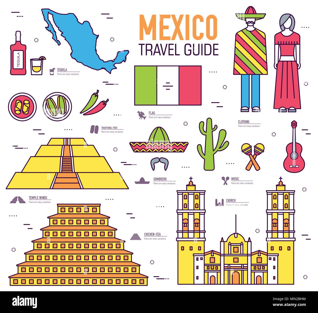 Country Mexico travel vacation guide of goods, places and features. Set ...