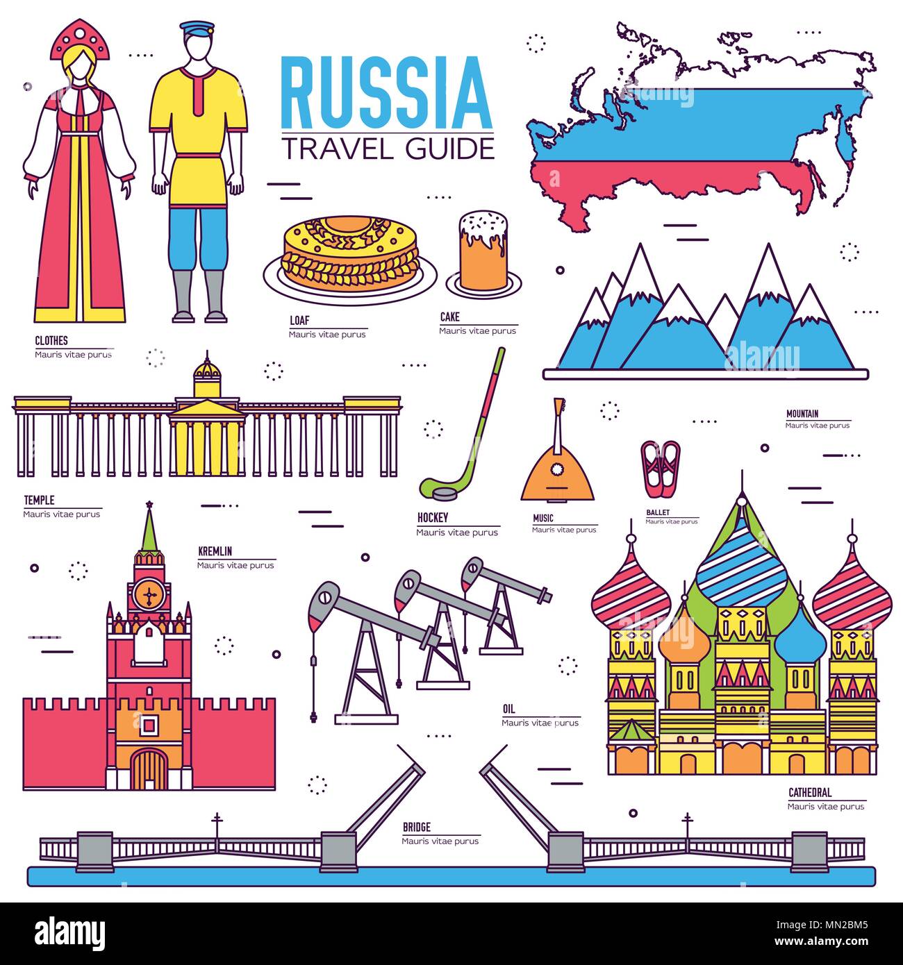 Country Russia travel vacation guide of goods, places and features. Set ...