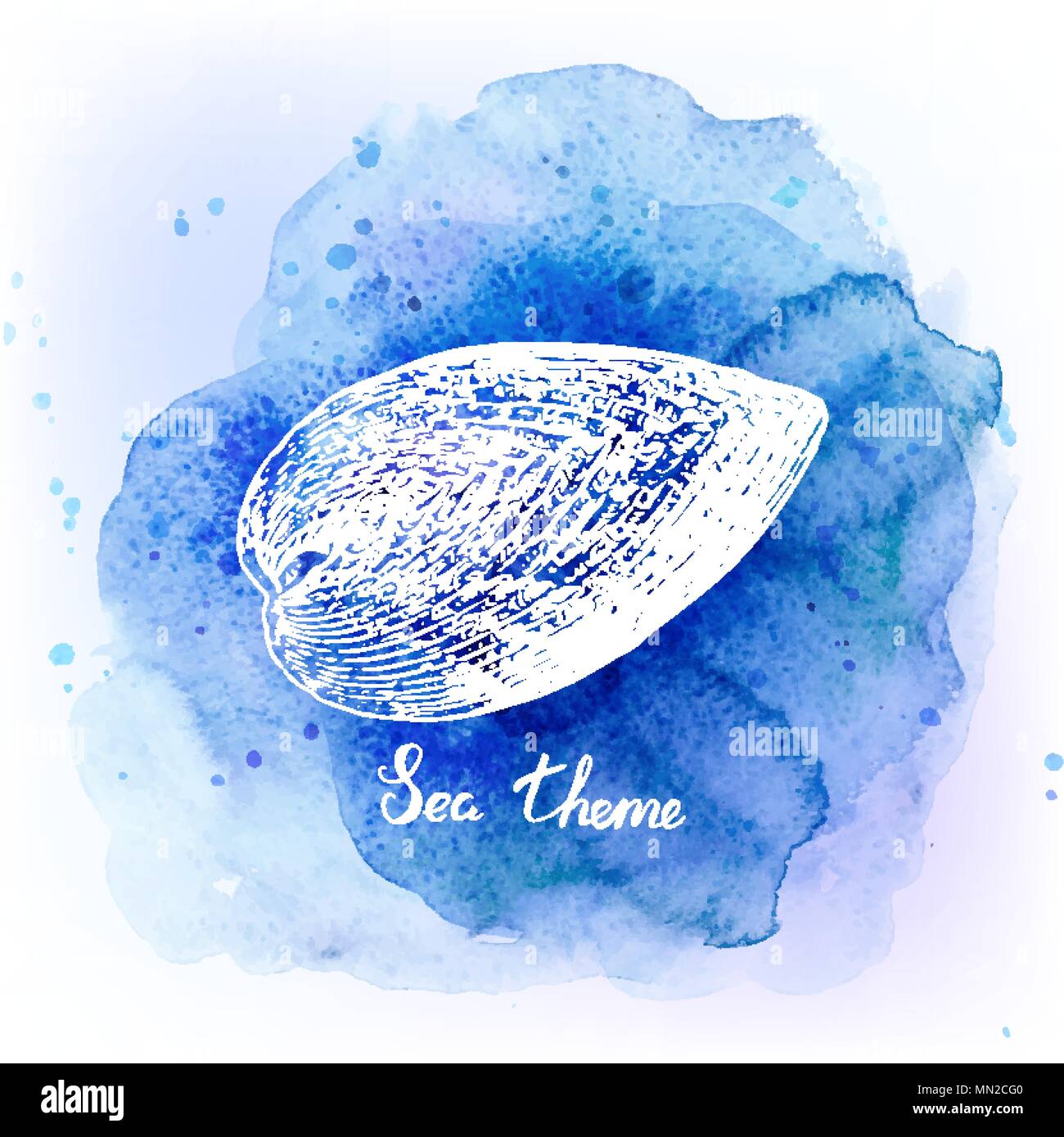 Seashells on watercolor blue background. Sea background. Vector ...
