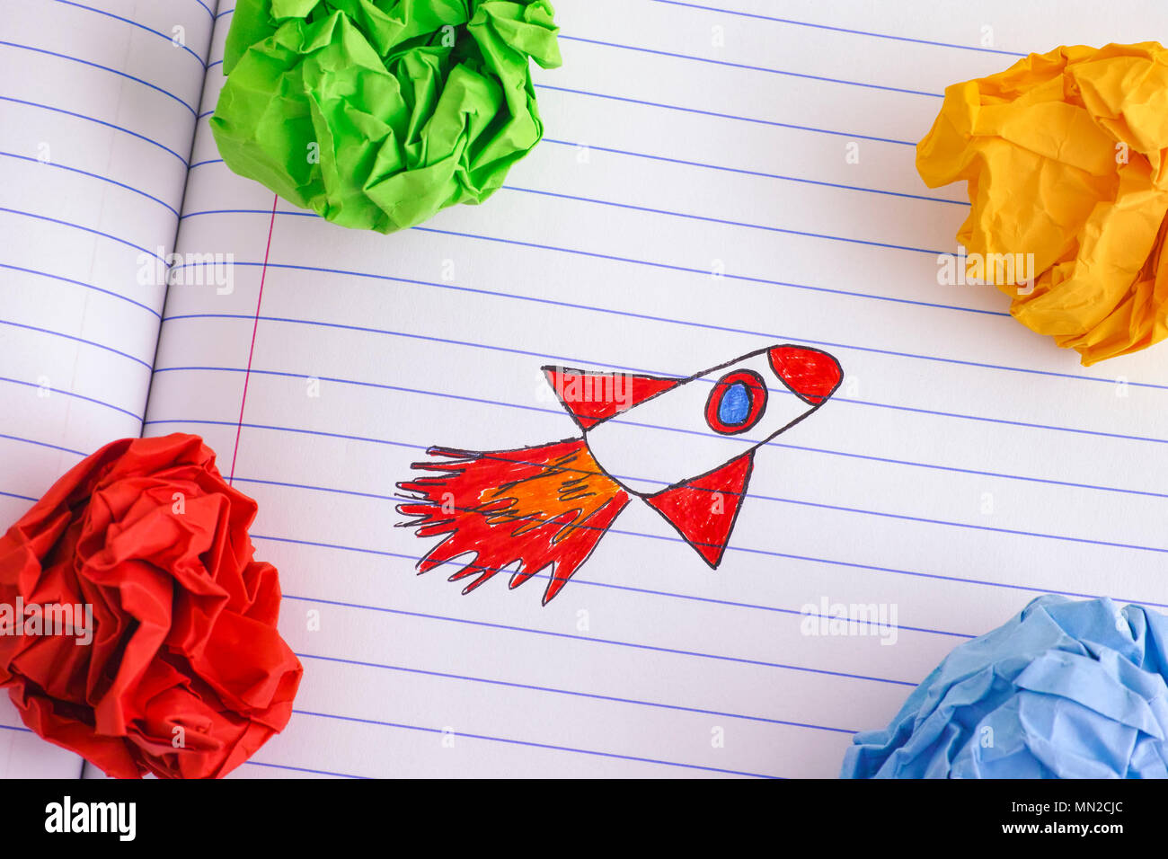 Space Rocket Blasting Off For New Ideas Through Colourful Crumpled ...