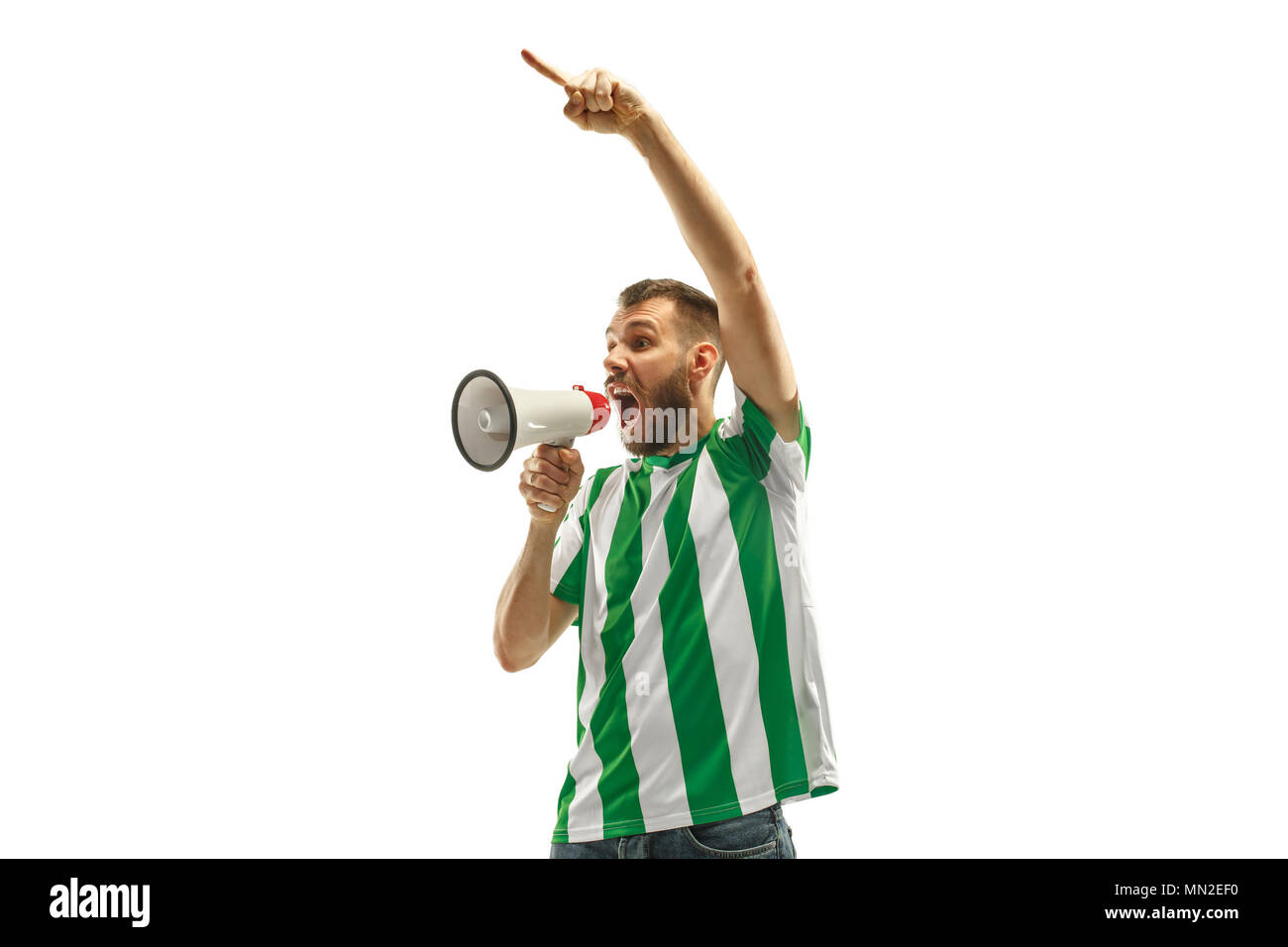 Irish fan celebrating on white background Stock Photo - Alamy