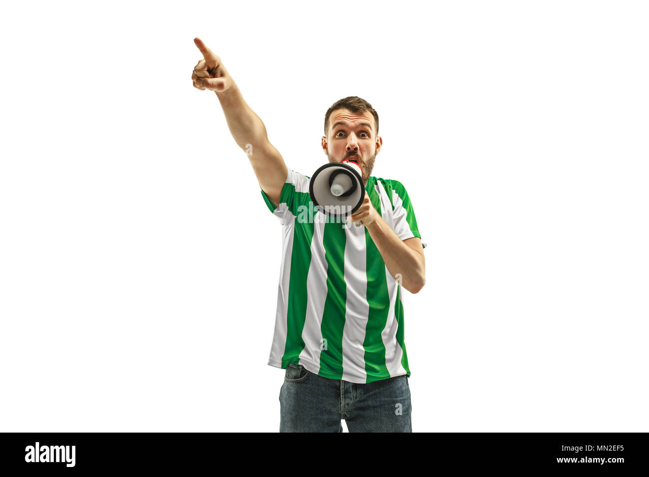 Irish fan celebrating on white background Stock Photo - Alamy