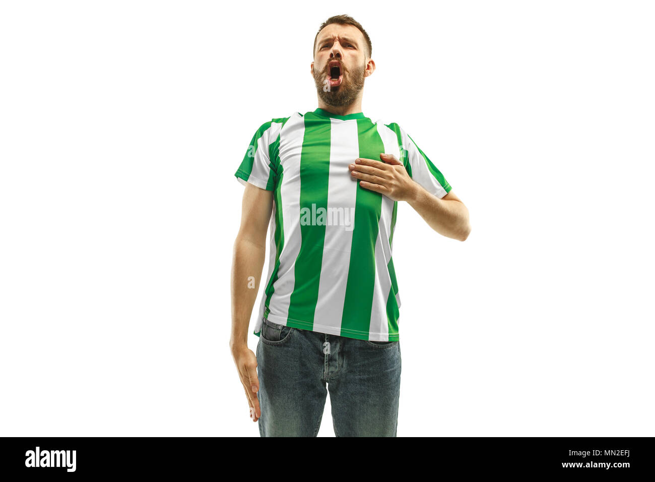 Irish fan celebrating on white background Stock Photo - Alamy