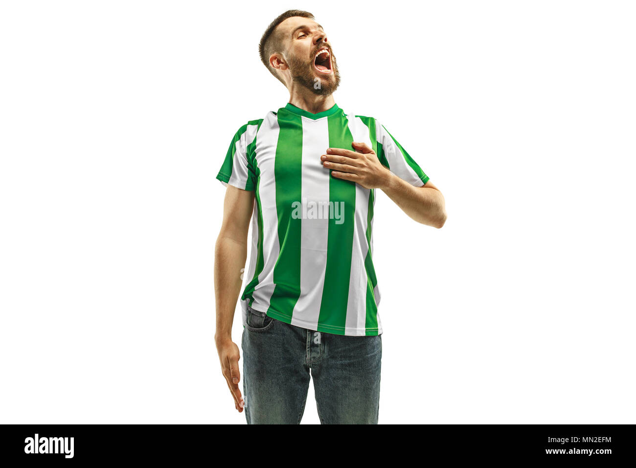 Irish fan celebrating on white background Stock Photo - Alamy