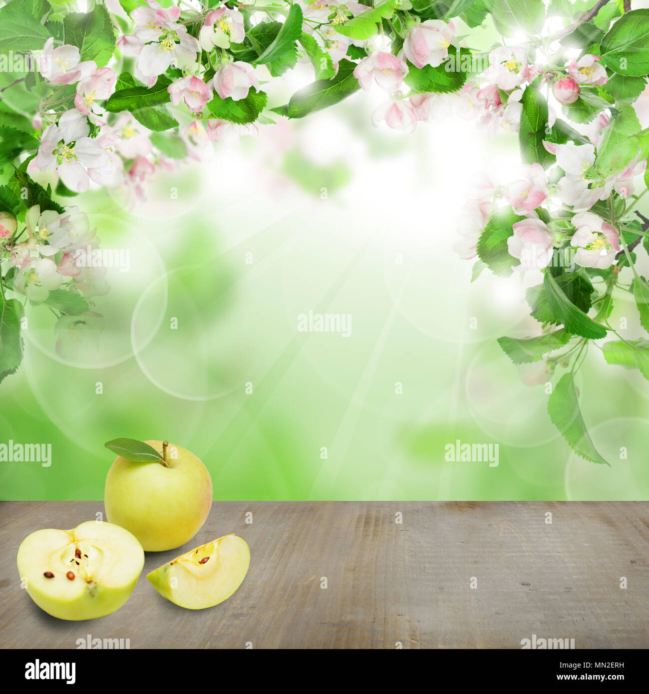 Floral Spring Background with Apple Fruit, Abstract Bokeh Light, Leaves ...