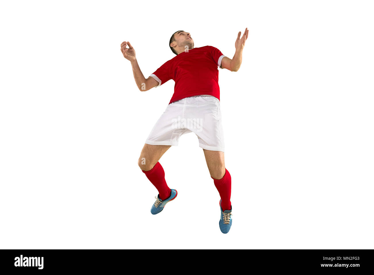 Professional football soccer player in motion isolated white studio ...