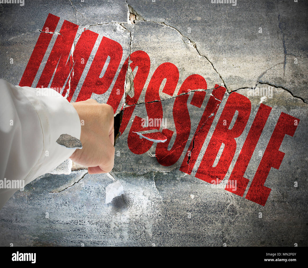 Punching, break concrete wall with word impossible on it, make it ...