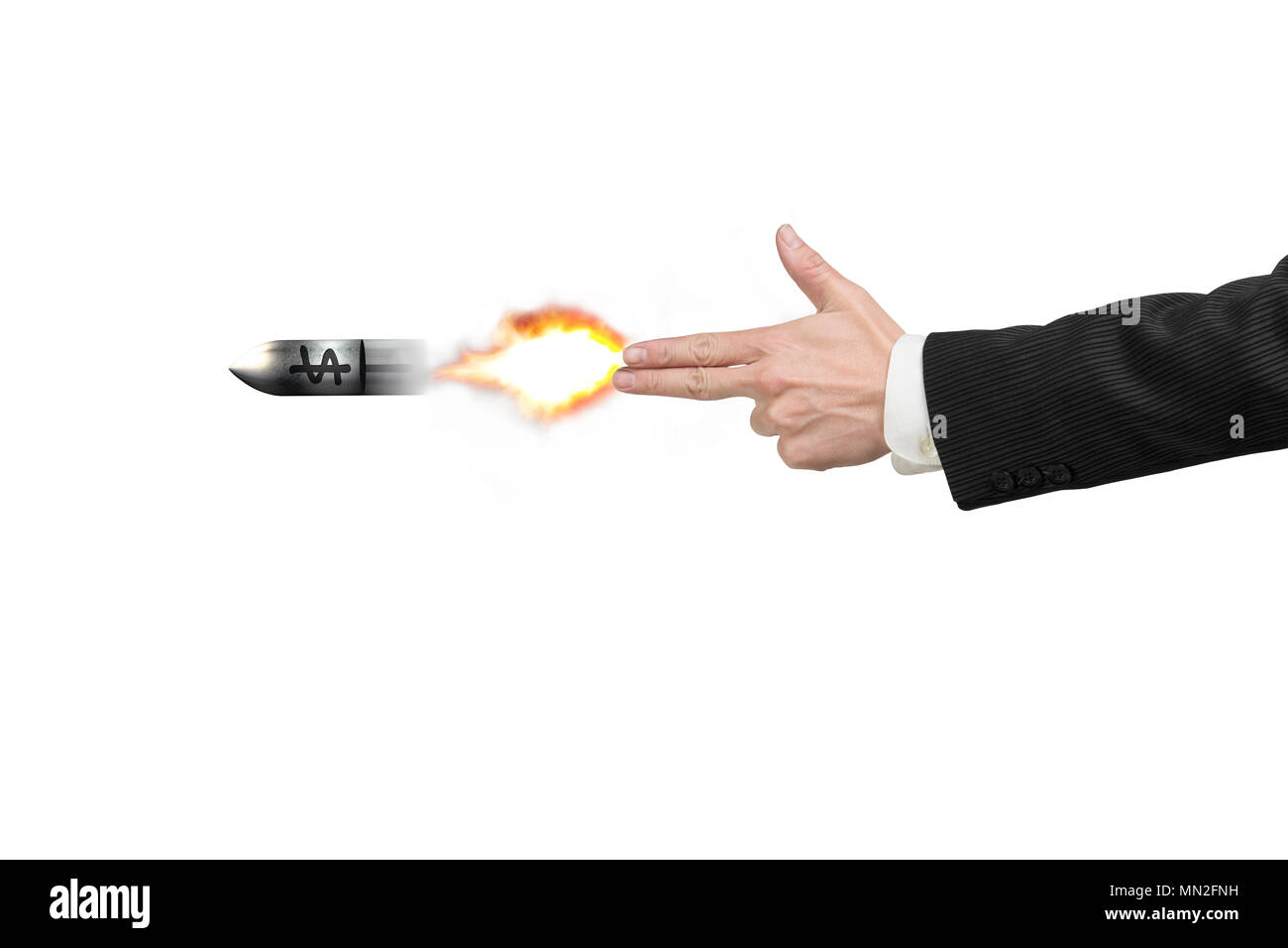 Hand gun gesture shooting a bullet with money symbol in white ...