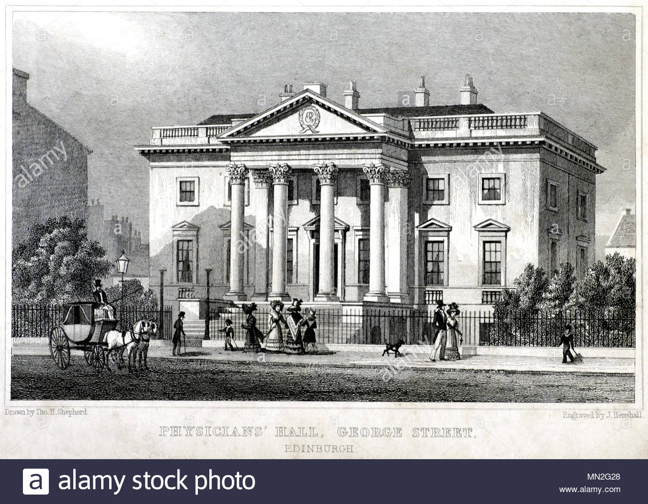 Physicians' Hall, George Street, Edinburgh, antique engraving from 1829 ...