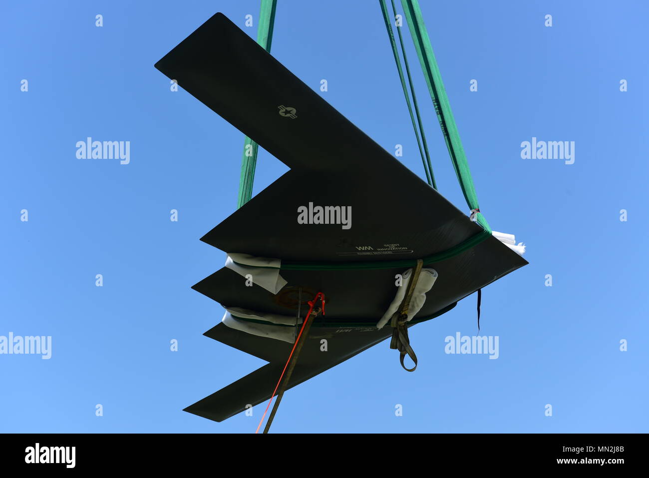 A U.S. Air Force B-2 Spirit replica is placed on display at Whiteman ...