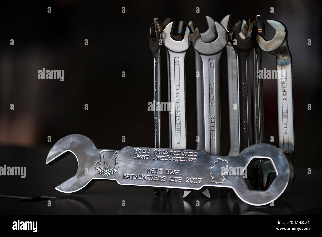 Trophies made out of wrenches sit on display for the 86th Aircraft ...
