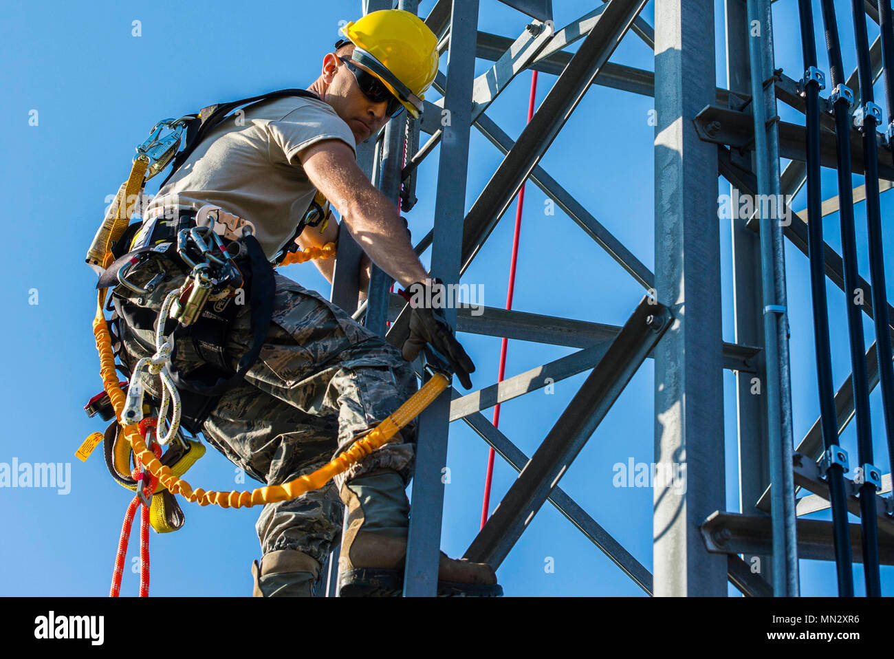 Airmen from the 375th Air Mobility Wing, Communications Squadron cable ...