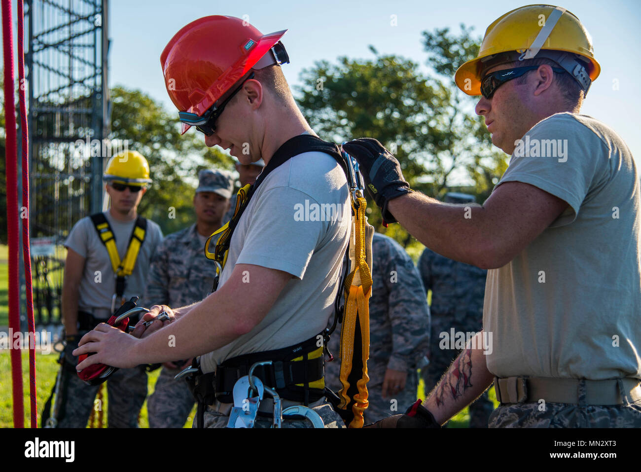 Airmen from the 375th Air Mobility Wing, Communications Squadron cable ...