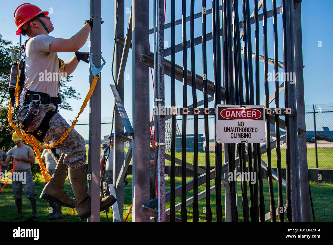 Airmen from the 375th Air Mobility Wing, Communications Squadron cable ...