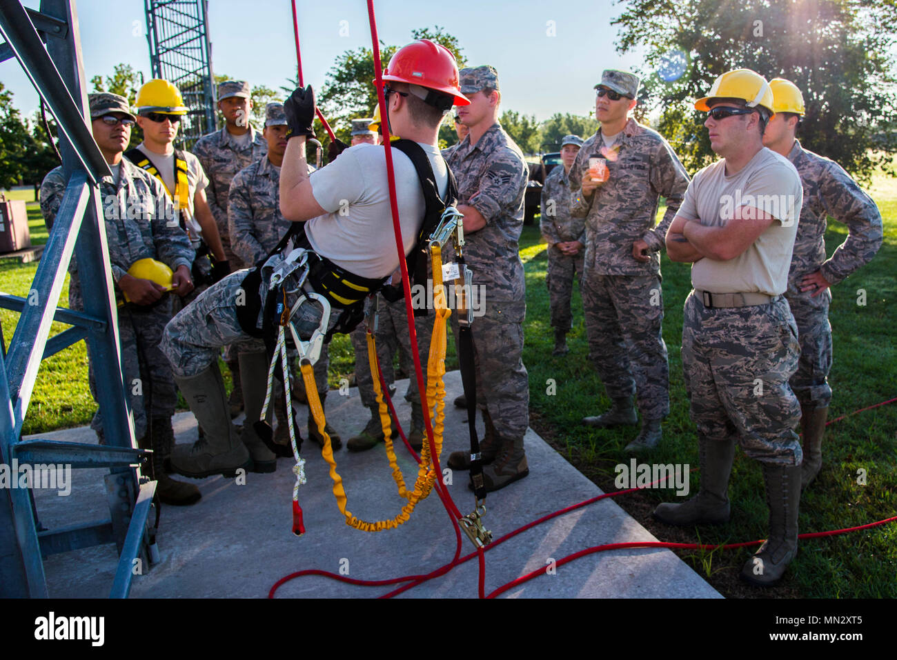 Airmen from the 375th Air Mobility Wing, Communications Squadron cable ...