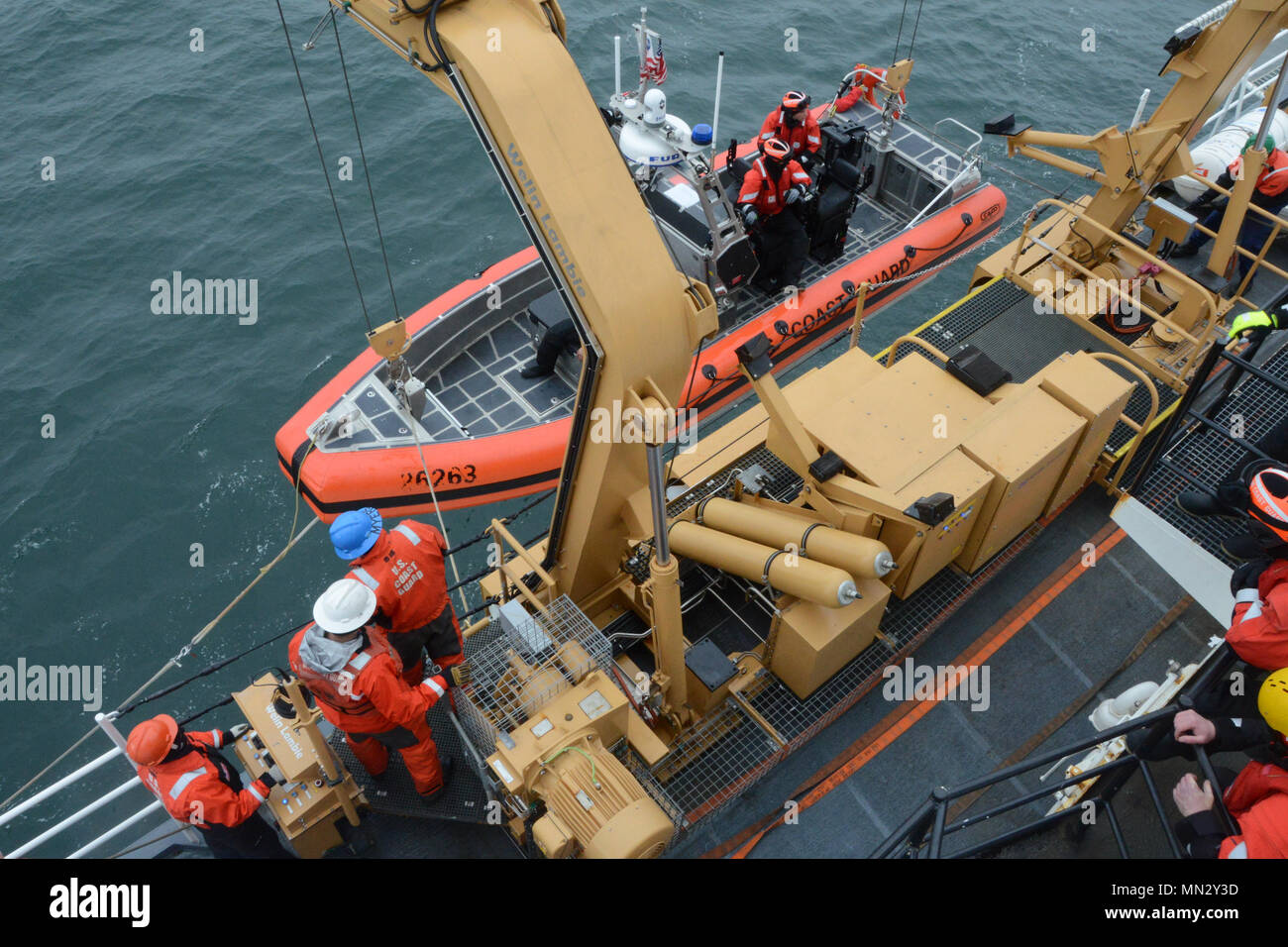 Crewmembers aboard the Coast Guard Cutter Alex Haley conduct small boat ...