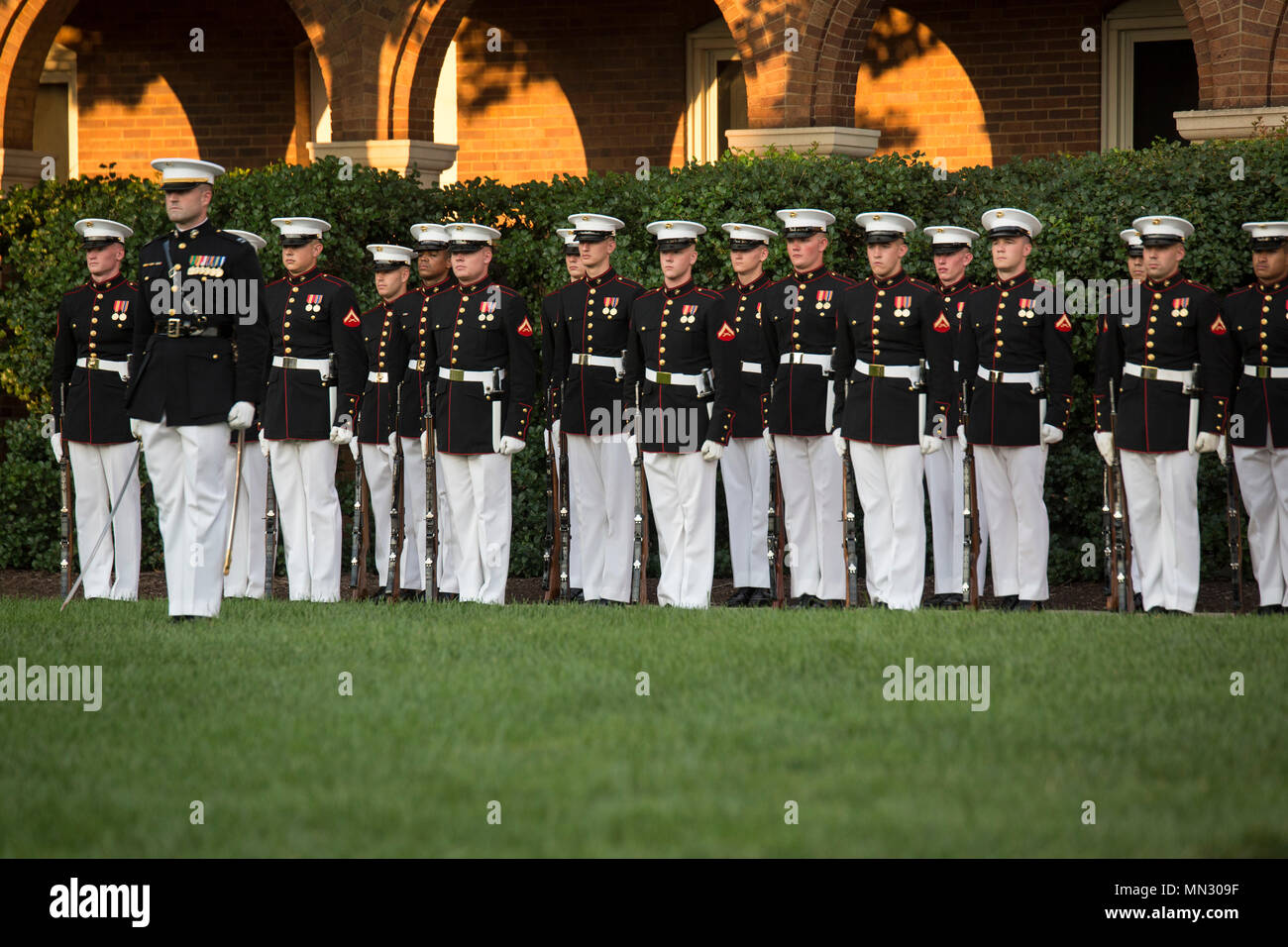 Marines with Marine Barracks Washington stand in formation during a ...