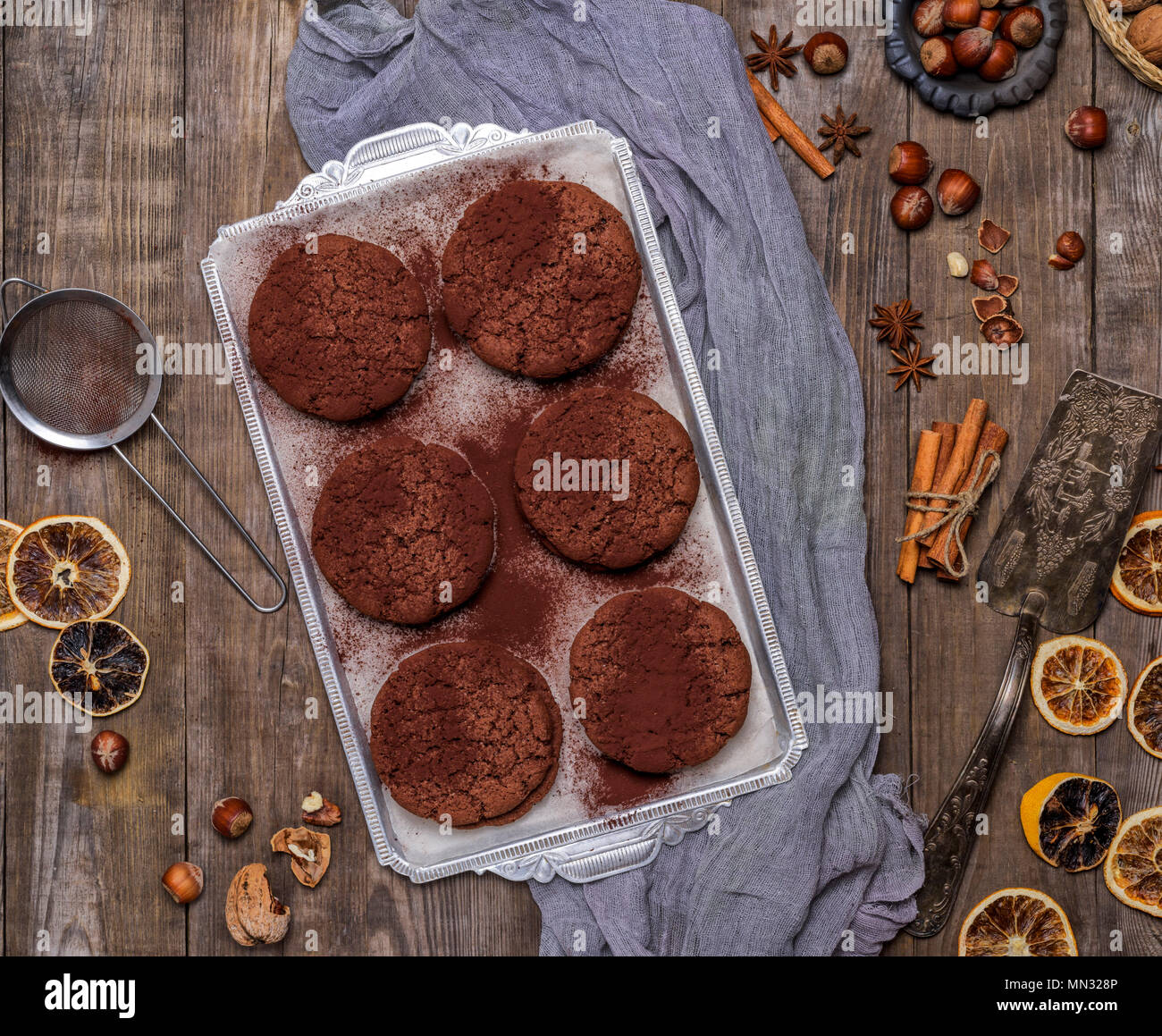 baked round chocolate chip cookies on a silver plate, top view Stock ...