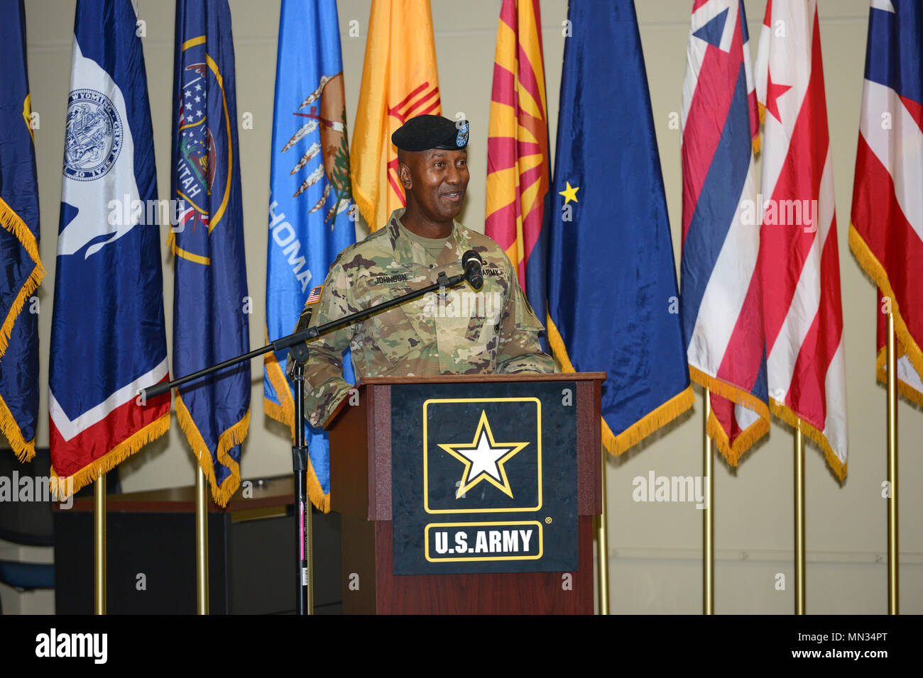 Outgoing Commandant COL Isaac Johnson addresses the crowd during the ...
