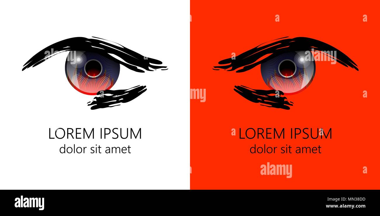 Graphic eye of man with fire inside on white and red background Stock ...