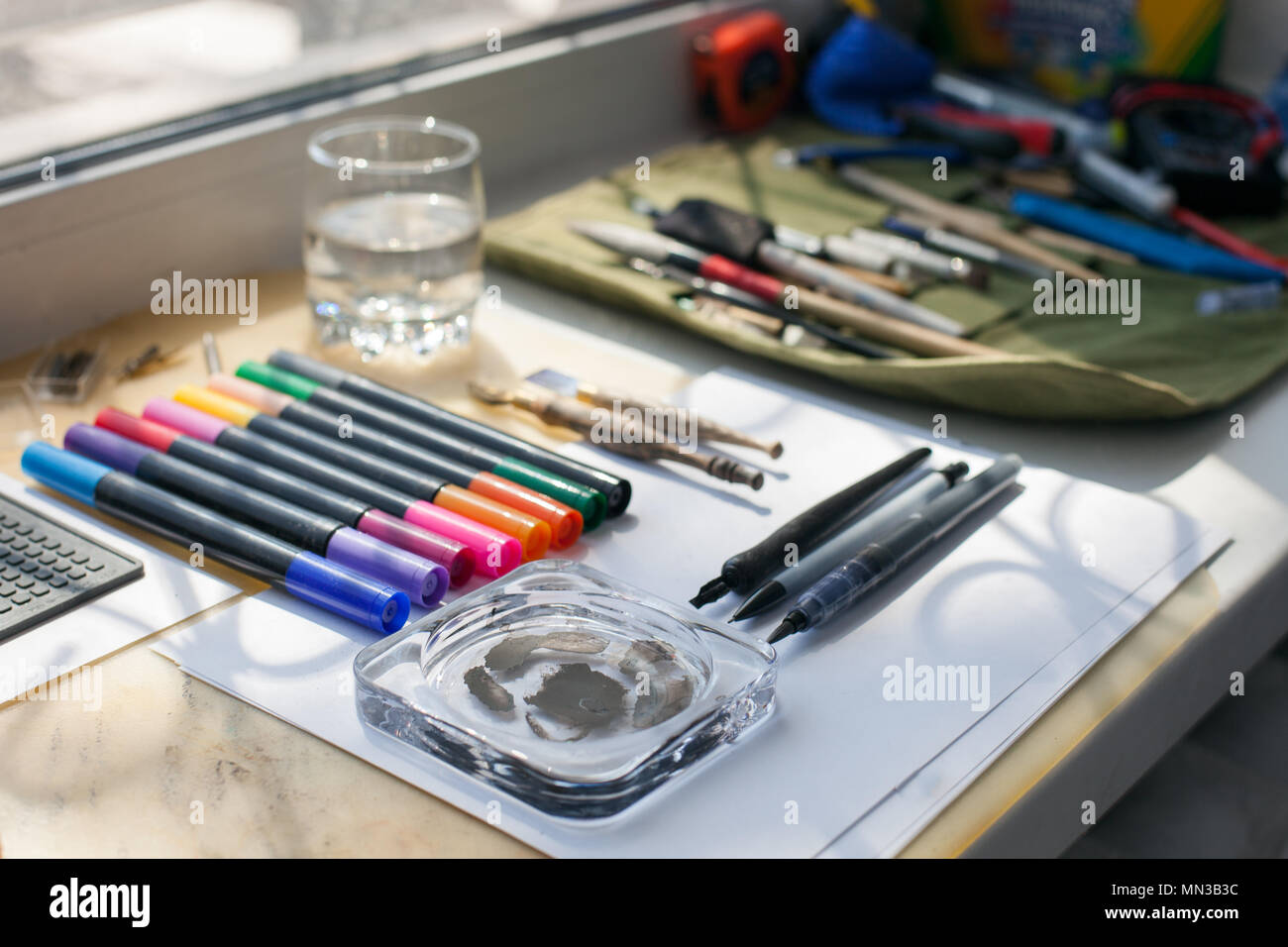 Painter, graphic designer or calligraphy work space, different kind of ...