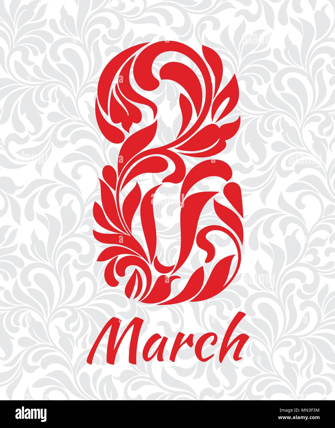 8 March. Decorative Font made of swirls and floral elements. Background ...